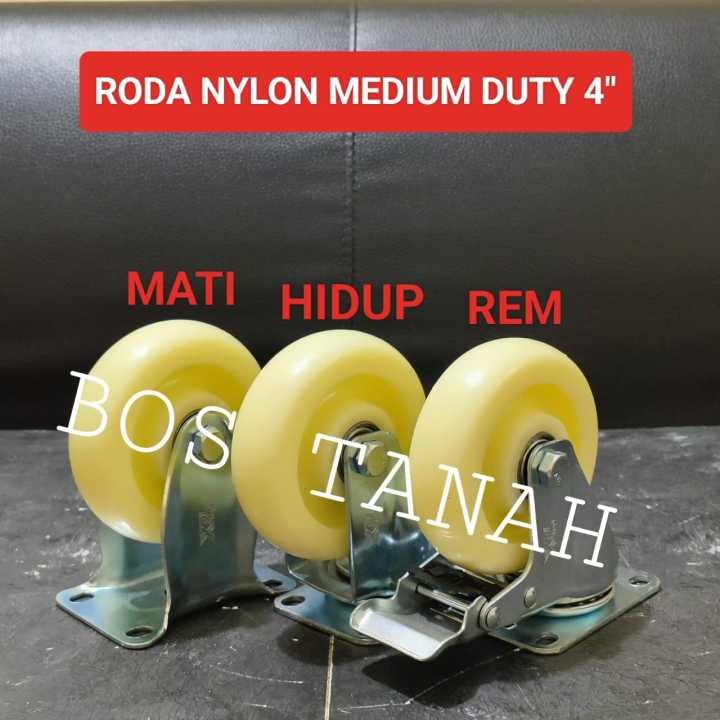 Roda troli Nylon 4 inch Medium Duty Mati Hidup Rem Caster Kastor 4 ...