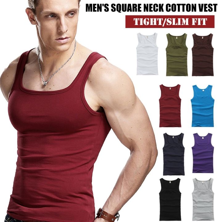 623Square Collar-9 Colors Men Tank Top White Pure Cotton Wife Beater A ...