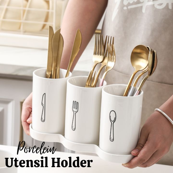 Set of 3 Porcelain utensil Holder Kitchen Storage Organizer Tableware ...