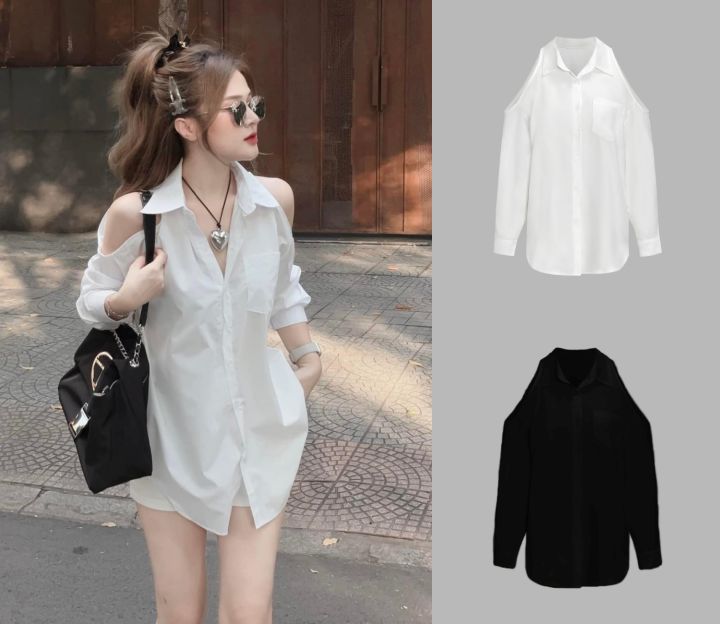 เสื้อผ้าไหมอิตาลี เสื้อแขนยาวกระดิ่งเว้าไหล่กระดุมหน้า A4221 | Lazada.co.th