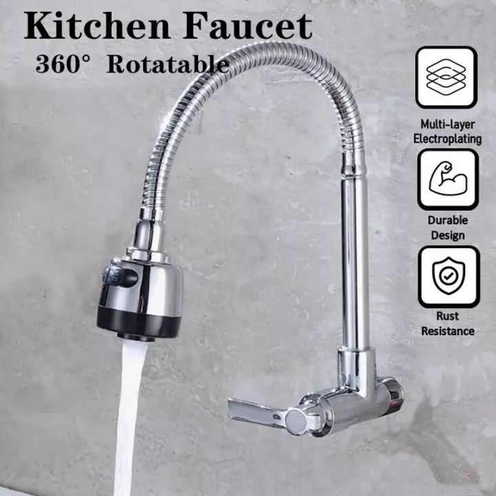 Kran Angsa Dapur Fleksibel Kitchen Faucet Stainless 360° Rotate Flexible Cold Tap Wall Mounted ...