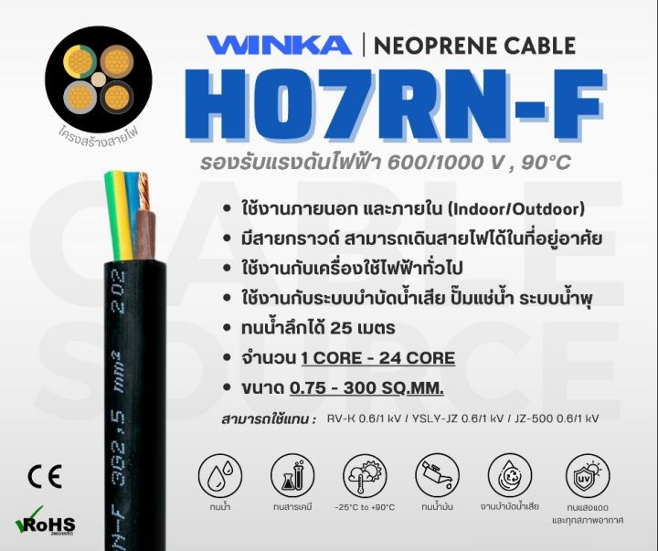 สายปั๊มแช่ สายแช่น้ำ สายกันน้ำ สายปั๊มน้ำ WINKA H07RN-F 3G4 MM2 , BLACK ...