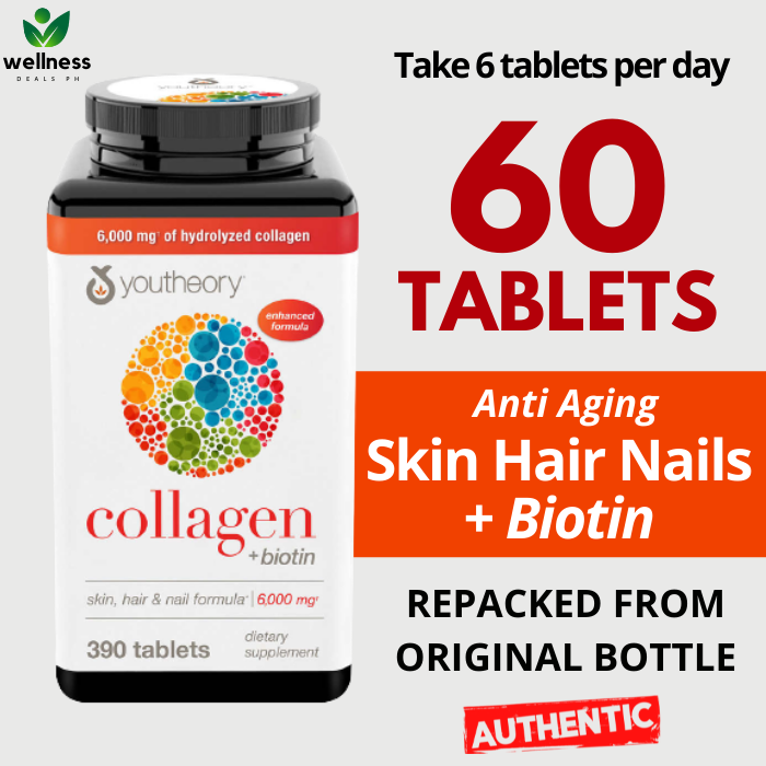 Repacked Youtheory Collagen Hair Nail Skin plus Biotin 60 Tablets ...