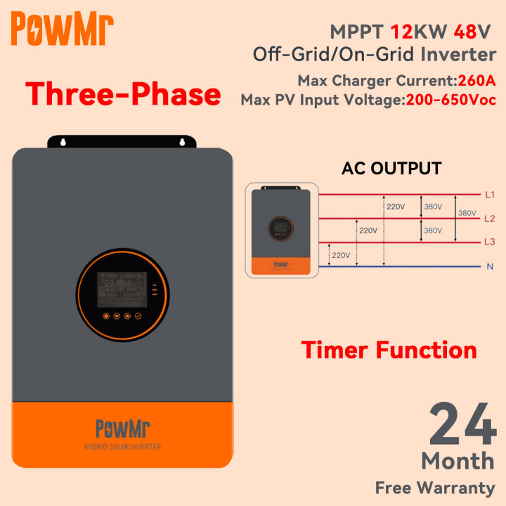 PowMr 3-Phase 12kw Hybrid Solar Inverter On/Off Grid Can Switch 230Vac PV Start Voltage 200Voc ...
