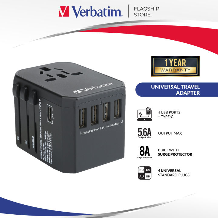 Verbatim 5 Ports Travel Adapter Black | 4 USB-A | 1Type-C Port | EU ...