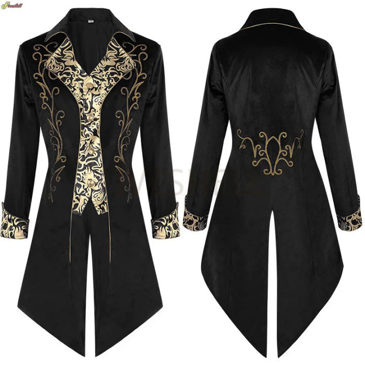 Men Medieval Red Gold Cosplay Steampunk Costume Velet Stand Collar ...