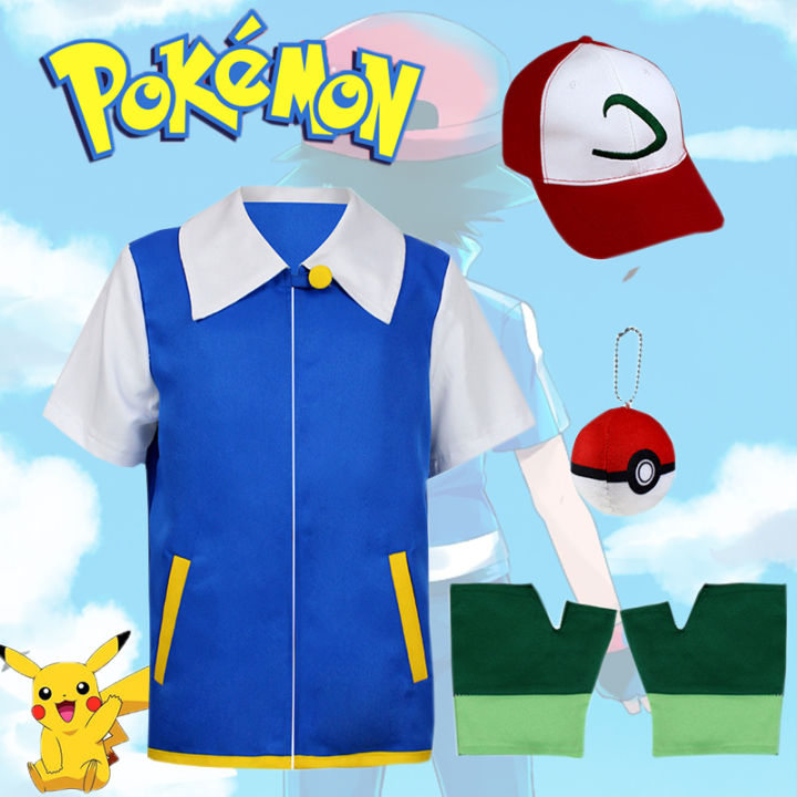 Anime Pokémon Cosplay Costume For Adult Kids Ash Ketchum Blue Short ...