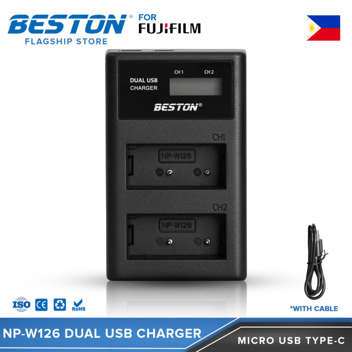 BESTON NP-W126 LCD Dual USB Charger with cable (Micro USB Type-C) for Fujifilm Batteries NPW126 ...