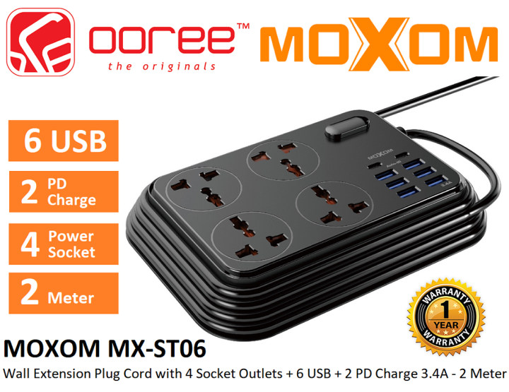 MOXOM MX-ST06 3.4A AUTO-ID WALL EXTENSION PLUG POWER SOCKET SURGE ...