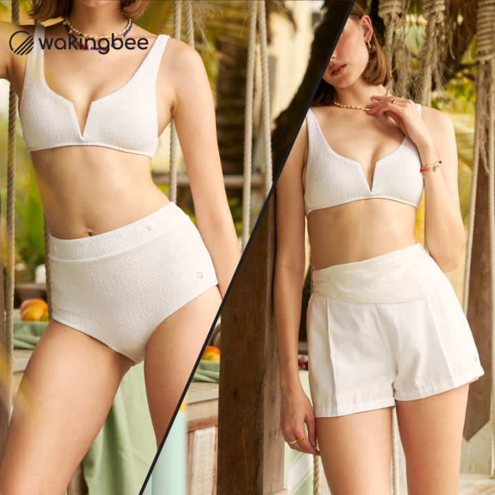Wakingbee Two Way Bikini (White) 2-in-1 ขาสั้นพร้อมบิกินี่ ใส่แยกได้ เอวสูง ไม่โป๊ ผ้ามีลายในตัว ...