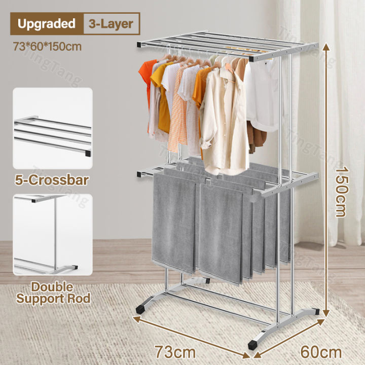 Upgrades 3 Layers Clothes Hanger Laundry Drying Rack 3 Tier Foldable ...