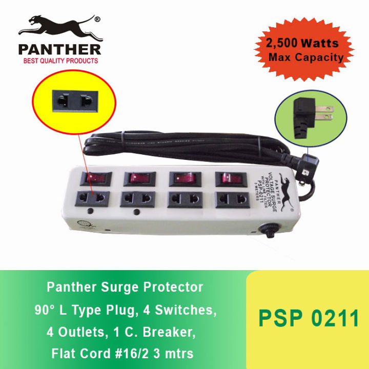 Panther PSP 0211 Extension Cord w/ Voltage Surge Protector 1 Switch, 4 ...