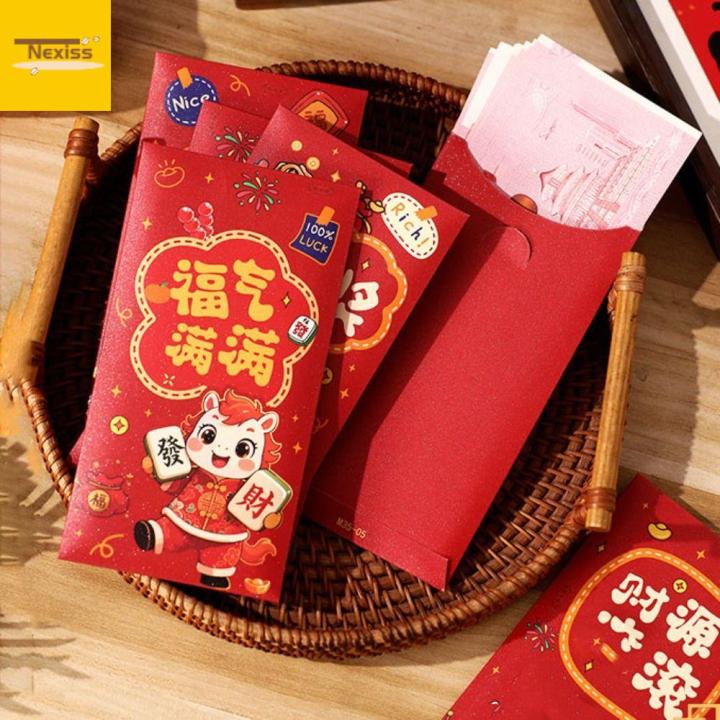 NEXISS 6PCS กระดาษ ซองแดงปีม้า ปีใหม่ การ์ตูน ถุงเงินนำโชค ถุงของขวัญ ...