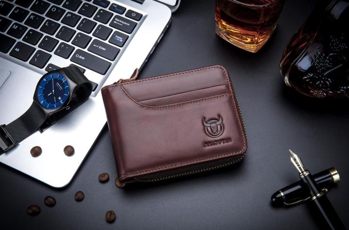 BULLCAPTAIN Leather Wallet Men's Casual Fashion Multi-Card Slot Zipper ...