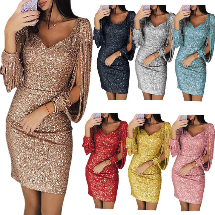 HOT--Women Dress Sequins Glitter Sparkle glitzglamour dress Deep V Neck Gold Long Sleeves Short ...