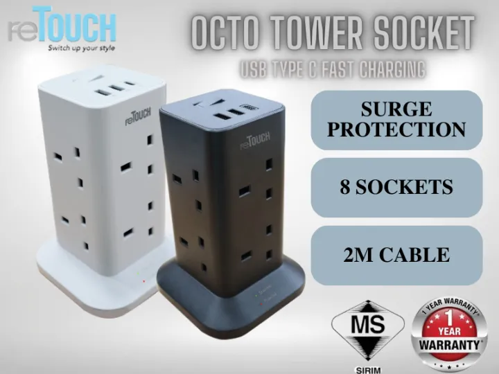 RETOUCH OCTO TOWER SOCKET with Surge Protection [SIRIM] | Lazada