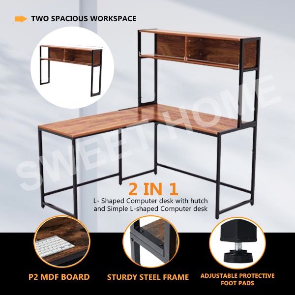 【COD】Solid Wood L Shaped Computer Desk with Hutch Office Desk Study ...