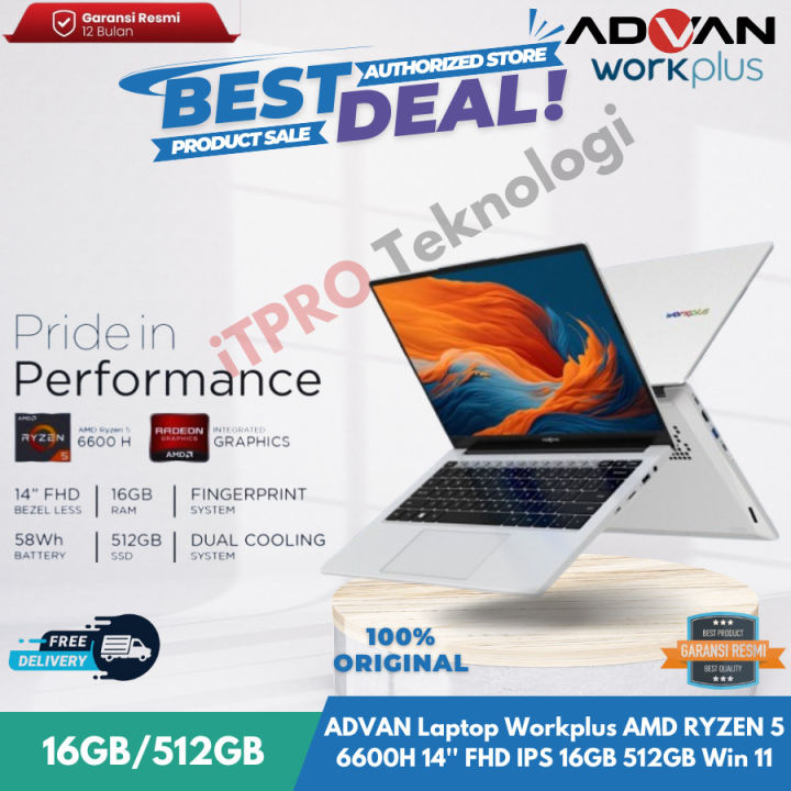 ADVAN Laptop Workplus AMD RYZEN 5 6600H 14'' FHD IPS 16GB 512GB Win 11 ...