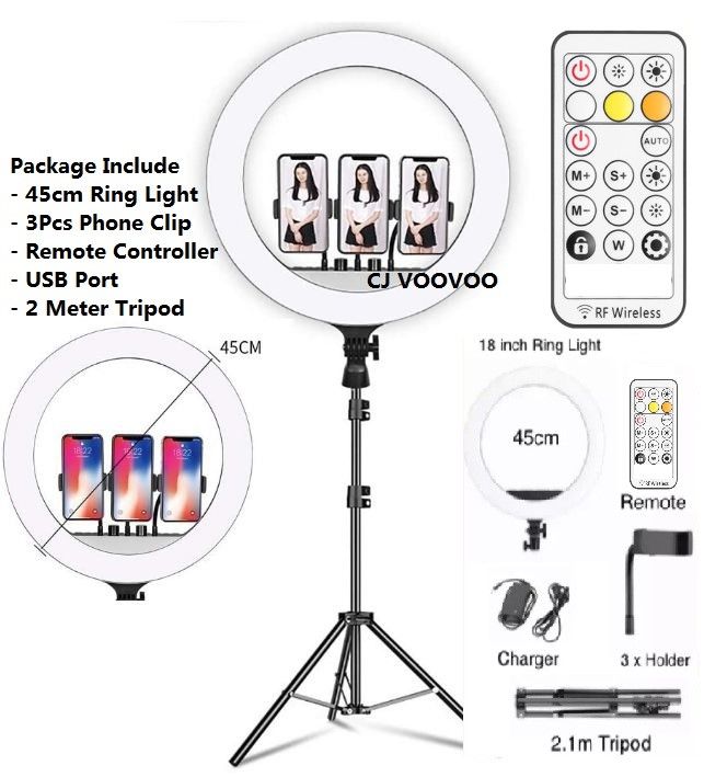 LED Ring Light 45CM with 3 Phone Clip Holder with 2 Meter Tripod Stand ...