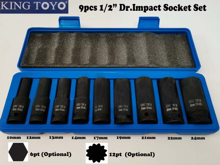 King Toyo 9Pcs 1/2Inch Long Impact Black Hardened Box Socket Set For ...