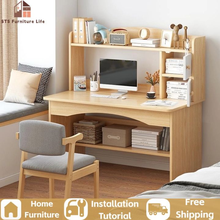 Wooden Study Table with Bookshelf / Desktop Computer Desk with Rack ...