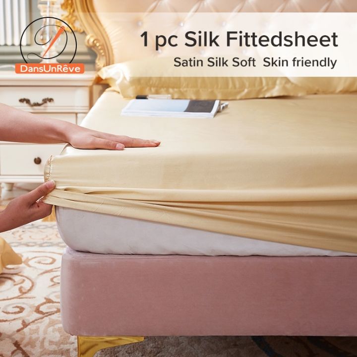 Dansunreve Satin Silk Fitted Bed Sheet Premium Solid Color Bedsheet Ice ...