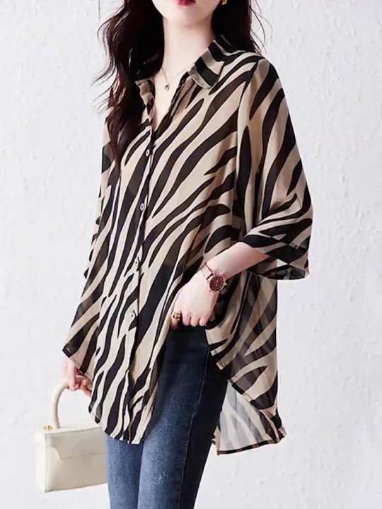 Wintin แขนสามในสี่ลายป้องกันแสงแดดเสื้อผ้าเสื้อชีฟองหญิงม้าลายแบบหลวม ...