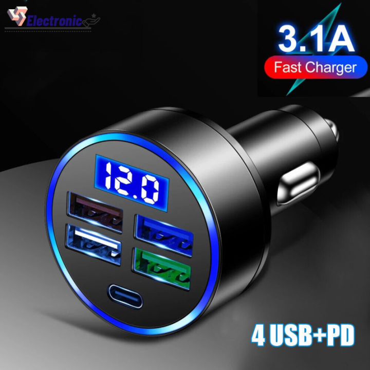 4 Usb Port Type-c Fast Car Charger Led Digital Display Real Time ...
