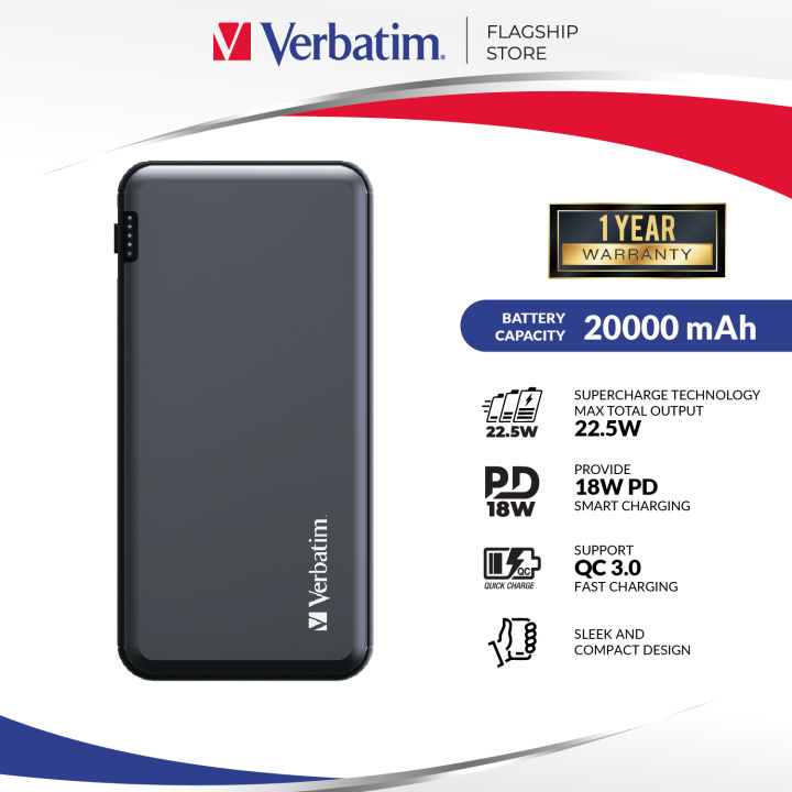 Verbatim 20000mAh 22.5W Power Pack Aluminium Design - PD + QC3.0 (Grey ...