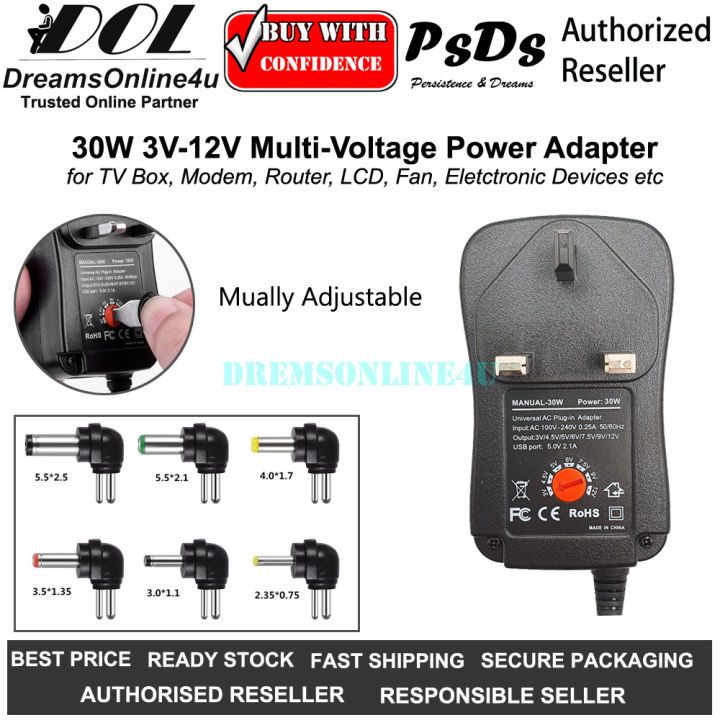 30W Universal Multi Voltage 3V to 12V Power Adapter with USB Port 2.1A ...