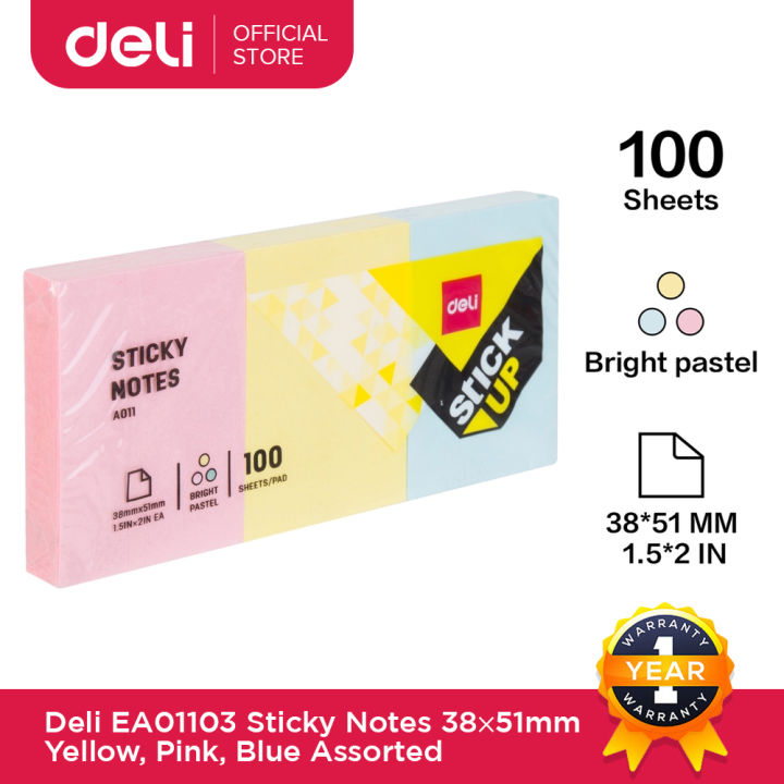 Deli Sticky Notes For School Supplies 38×51mm Yellow, Pink, Blue 3pcs ...