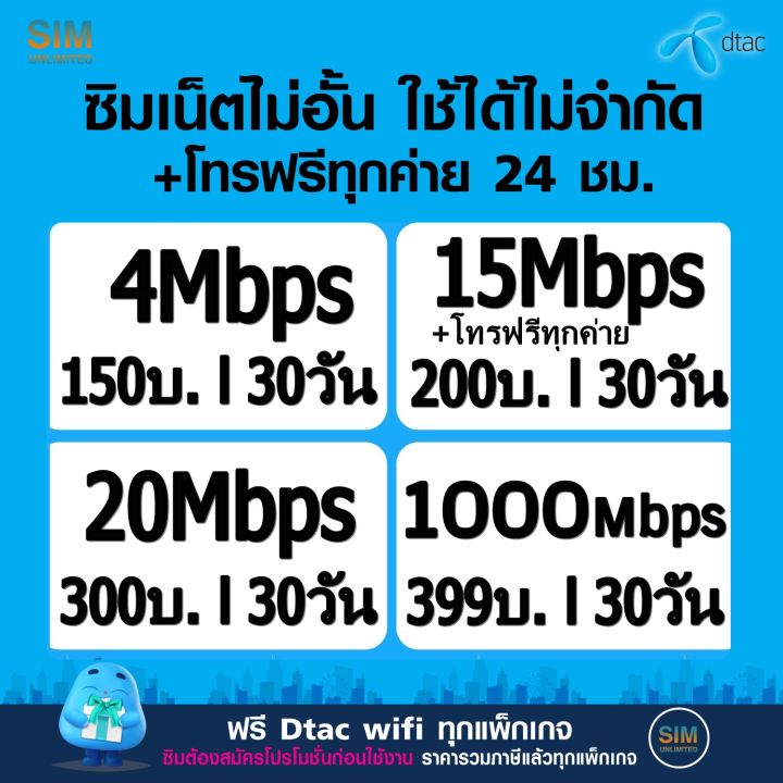 ซิมเทพ Dtac เล่นเน็ตไม่อั้น +โทรฟรี 24ชม. ความเร็ว 4Mbps,15Mbps,20Mbps,100Mbps (พร้อมใช้ฟรี Dtac ...