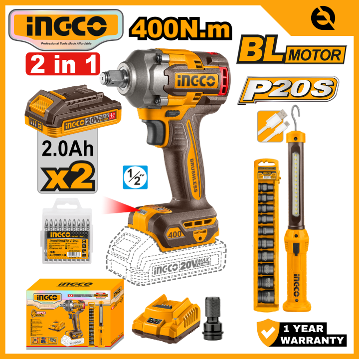 INGCO 20V 400NM CORDLESS IMPACT WRENCH BRUSHLESS MOTOR & WORK LAMP ...
