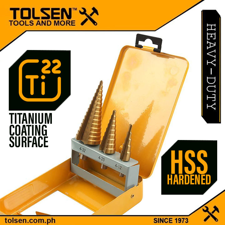 Tolsen 3pcs Titanium Coated Step Drill Bit Set (4-12 - 4-32mm) 75878 ...