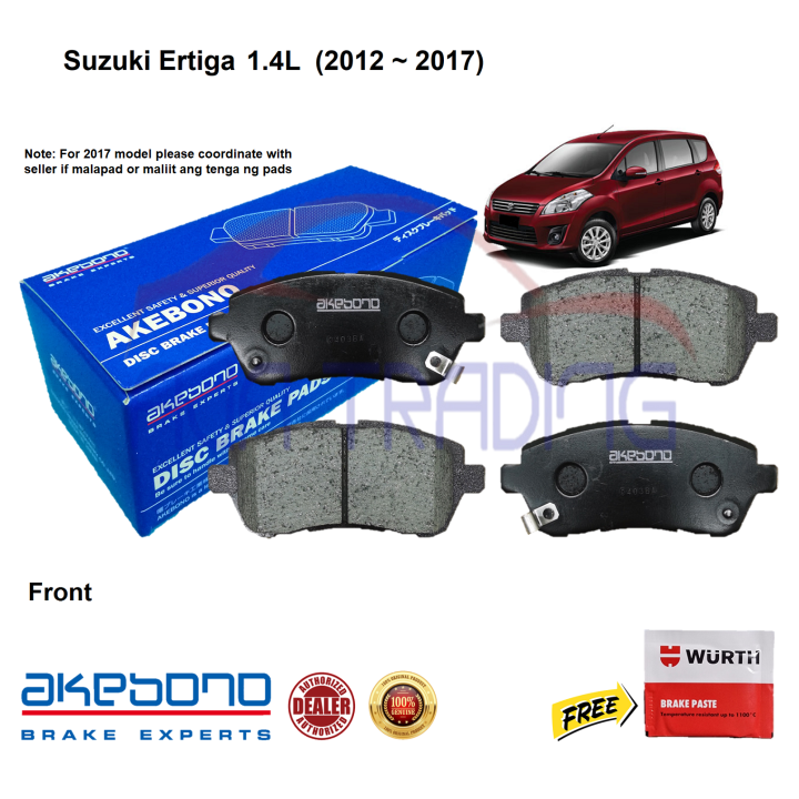 Genuine Akebono Front Brake Pads for Suzuki Ertiga 1.4L (2012 - 2017) with WURTH Brake Paste ...