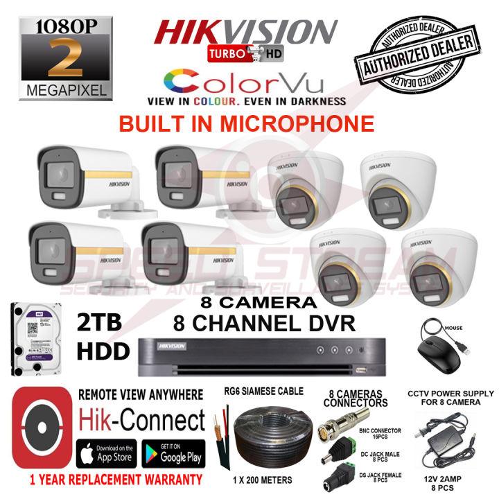 Hikvision Colorvu Audio 2MP 8 Camera 8 Channel DVR 2TB HDD RG6 Siamese ...