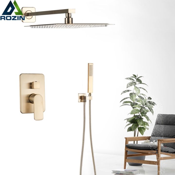 QSR STORE Brushed Golden Wall Mounted 8 Rainfall Bath Shower Faucet Set with Handshower Single ...