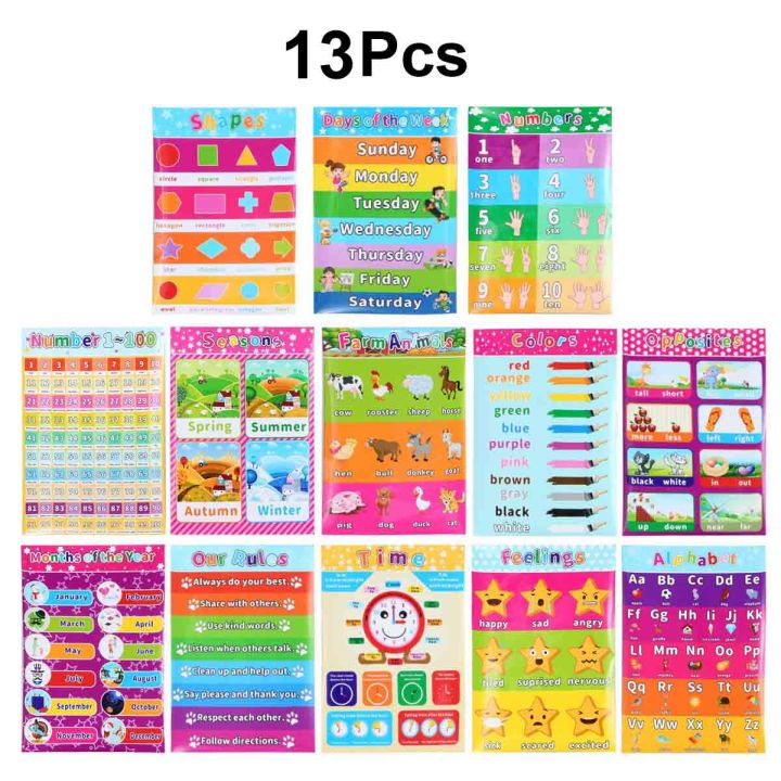 13pcs Educational Preschool Posters Charts Toddler Kids Kindergarten ...