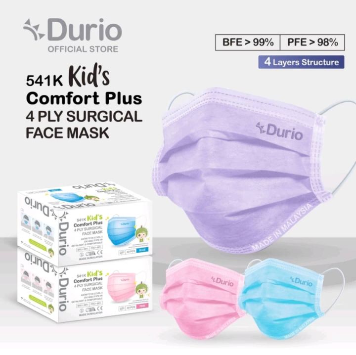 Durio 541K KID's Comfort Plus 4 Ply Surgical Face Mask - 40pcs | Lazada