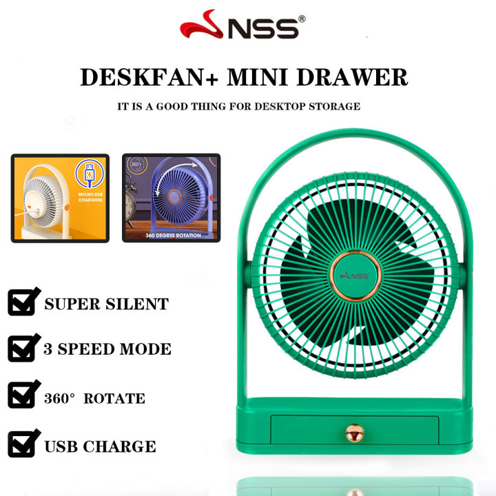 NSS Desk Mini Fan with Drawer Table Fan 3 Speed Portable Small Electric ...