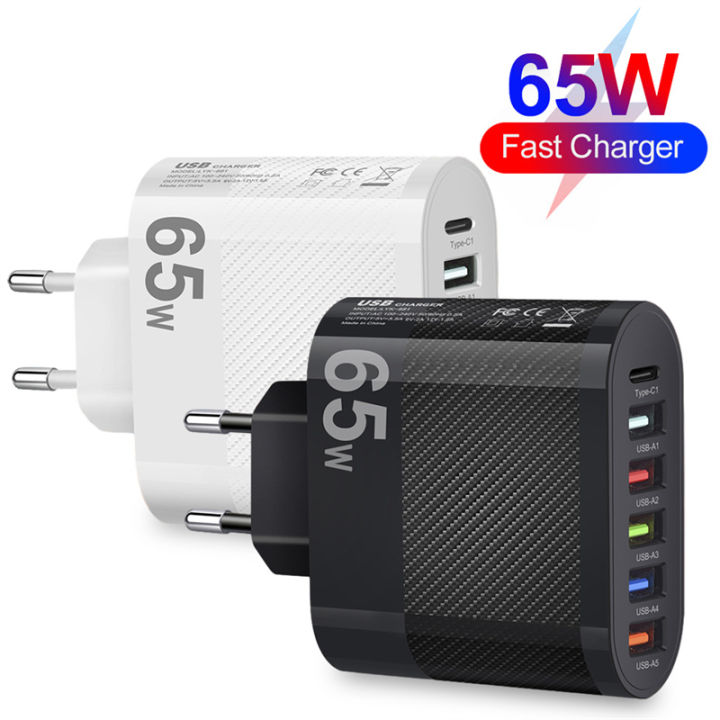 65W 6 Ports Type C USB Phone Fast Charger Plug Convenient 5V/3.5A EU US ...