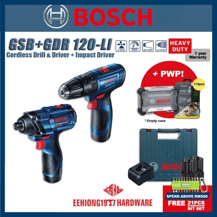 BOSCH GSB120-LI + GDR120-LI 12V Cordless Impact Drill + Cordless Impact ...