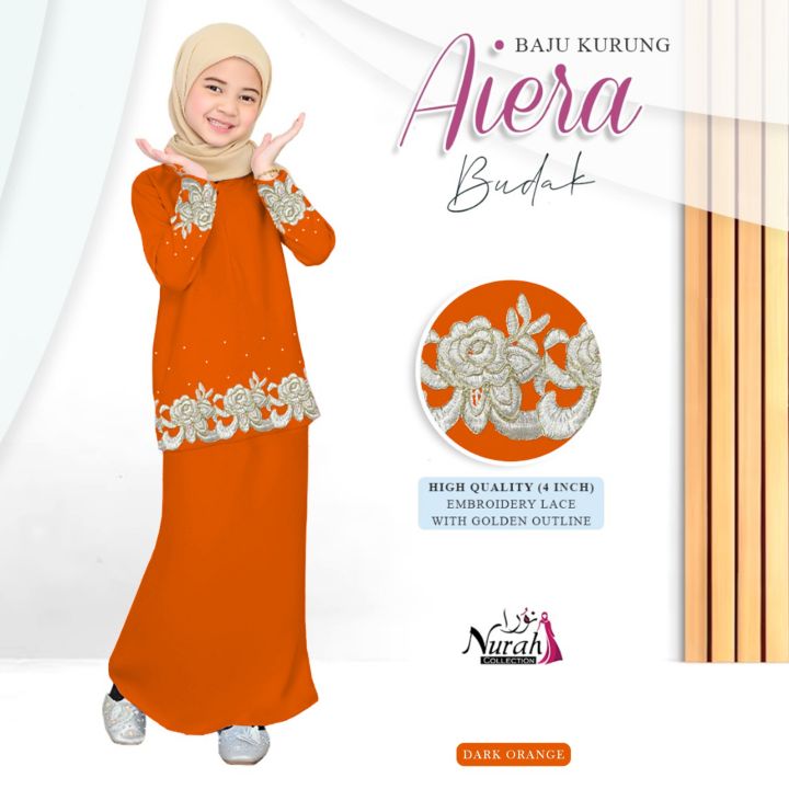Stylish Baju Kurung Budak With Front Embroidery Gold Outline Lace ...