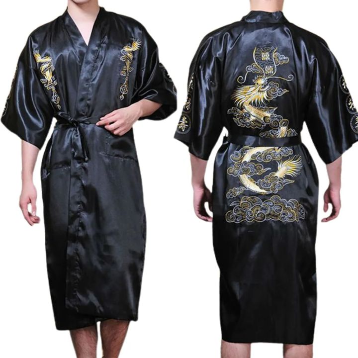 Men Silk Satin Sleepwear Chinese Dragon Kimono Embroidery Bathrobe ...
