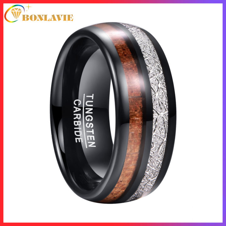 BONLAVIE Mens 8mmTungsten Carbide Ring Imitated Meteorite Nature Wood ...