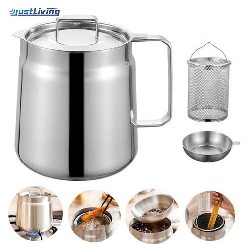 JustLiving 1.5L/2L Oil Filter Tank with Lid, 304 Stainless Steel Oil ...