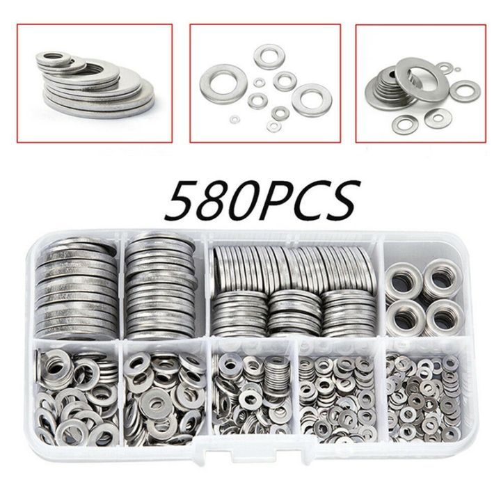 580PCS/BOX M2-M12 Stainless Steel Flat Washer Plain Washer Flat 304 ...