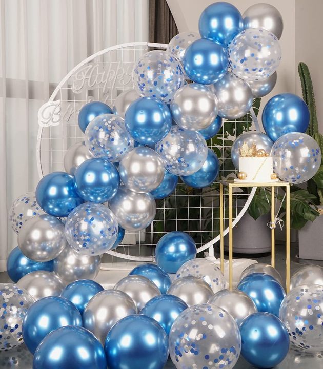 73pcs Balloons Arch Set Metallic Shiny Blue And Silver Confetti Latex ...