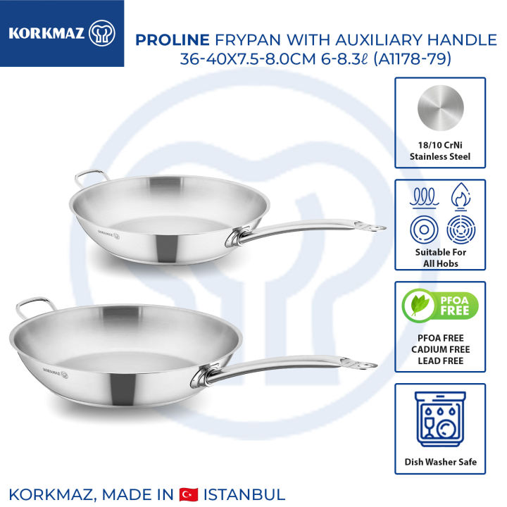 Korkmaz Proline Satin Stainless Steel Frying Pan with Auxiliary Handle ...
