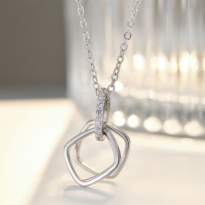 s925 สร้อยคอสามห่วงหลายชั้นทรงสี่เหลี่ยมเงินแท้แมทช์ง่ายหรูหราเบาๆแบบเรียบง่ายสำหรับผู้หญิงสร้อย ...